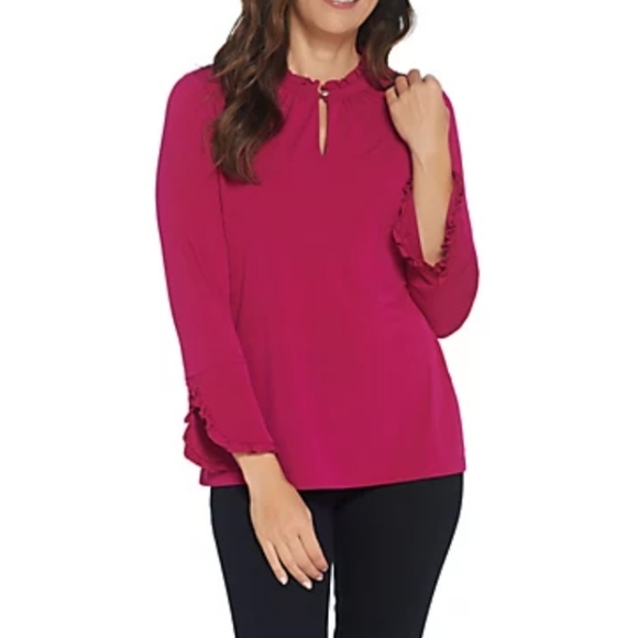 Susan Graver | Tops | Susan Graver Liquid Knit Ruffke Trim Top | Poshmark